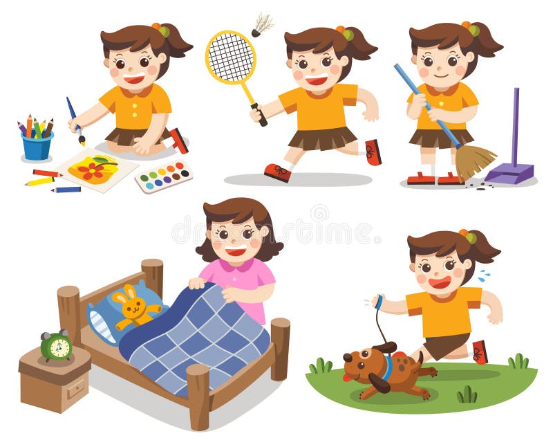 The daily Routine of a Cute Girl on a White Background. Stock Vector ...
