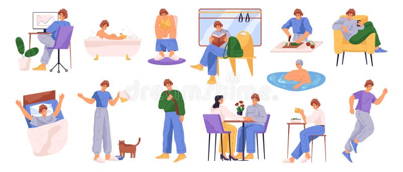 Daily Routine of Man, Morning and Evening Stock Illustration ...