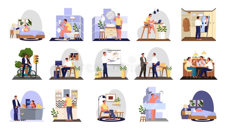 Daily Routine of a Man Set. Guy Having Breakfast Stock Vector ...