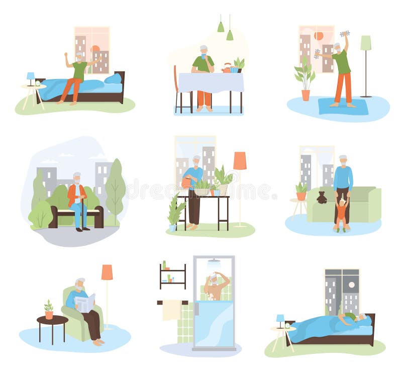 Daily Routine of an Old Man Set. Old Man Schedule. Stock Vector ...