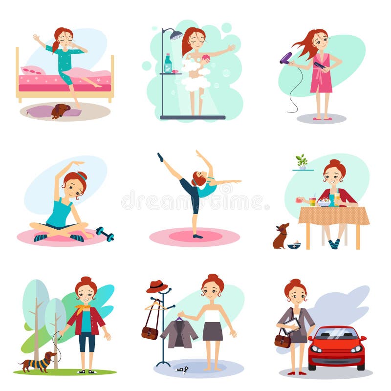 Daily Routine Set with Cute Girl Stock Illustration - Illustration of ...