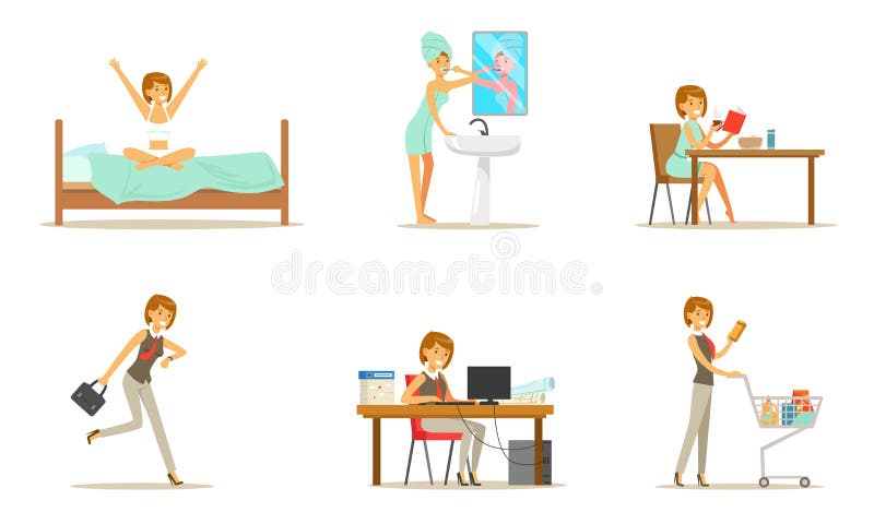 Daily Routine for a Woman. Set of Vector Illustrations. Stock Vector ...