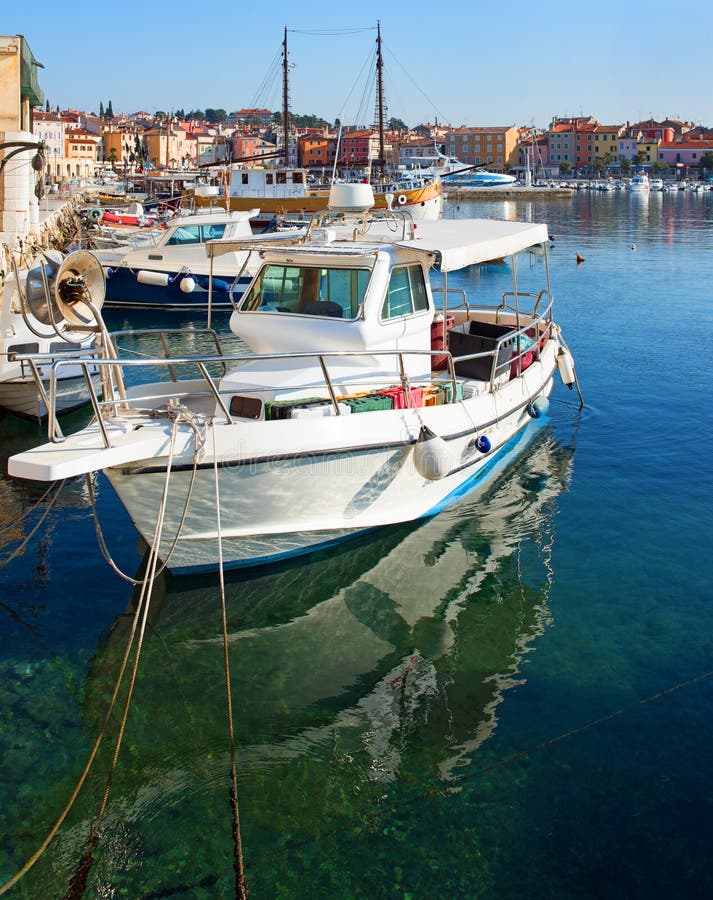 Harbour Scene with Boats and Palm Tree Stock Image - Image of holiday ...