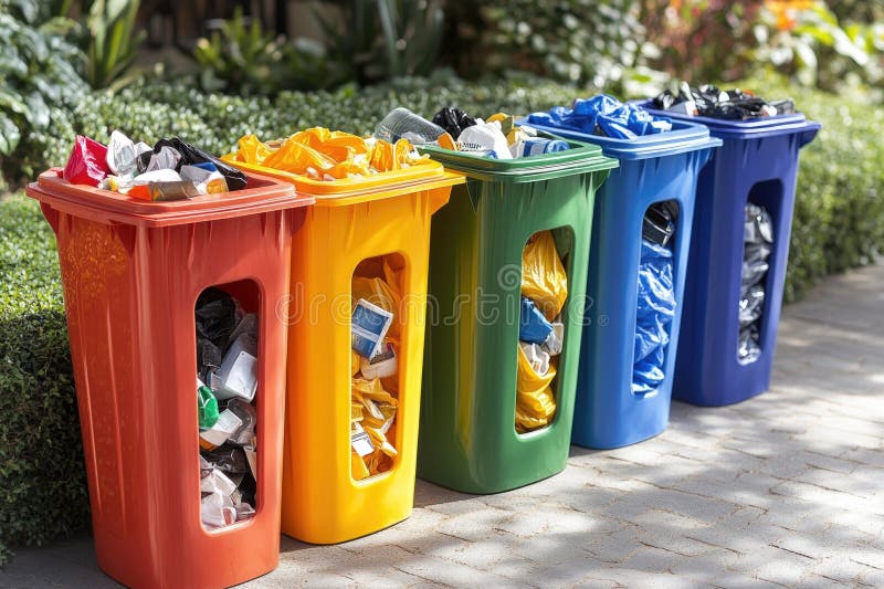 A Row of Adjacent Trash Cans, Ideal for Urban or Cityscape Scenes Stock ...
