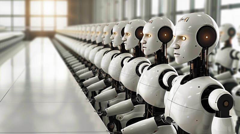 Row of Advanced Hi Tech AI White Robots Stock Illustration ...