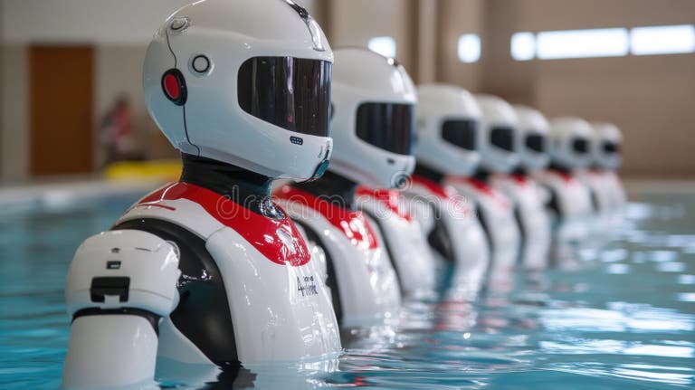 Row of Advanced Humanoid Robots Partially Submerged in Water Stock ...