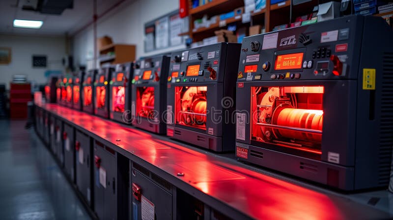 A Row of Advanced Industrial Machines with Glowing Red Interiors ...