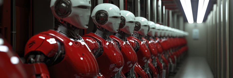 Row of Advanced Red Humanoid Robots in a Lineup Stock Illustration ...