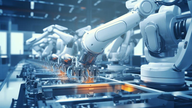 A Row of Advanced Robotic Arms Operates on an Assembly Line in a High ...