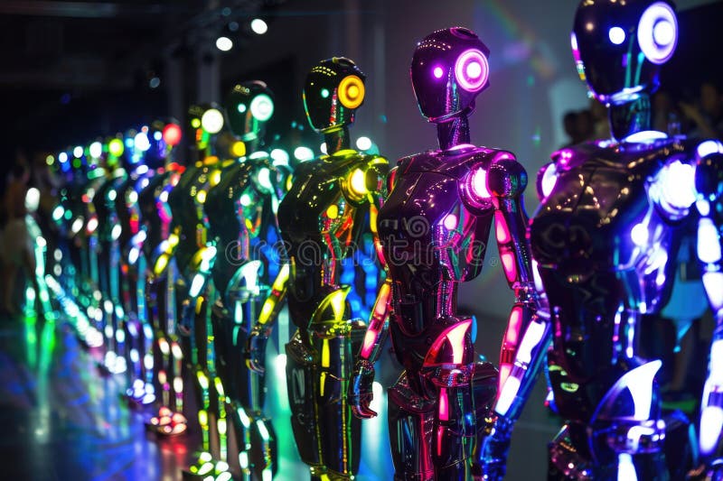 Row of Advanced Robots with Illuminated Features on a Catwalk ...