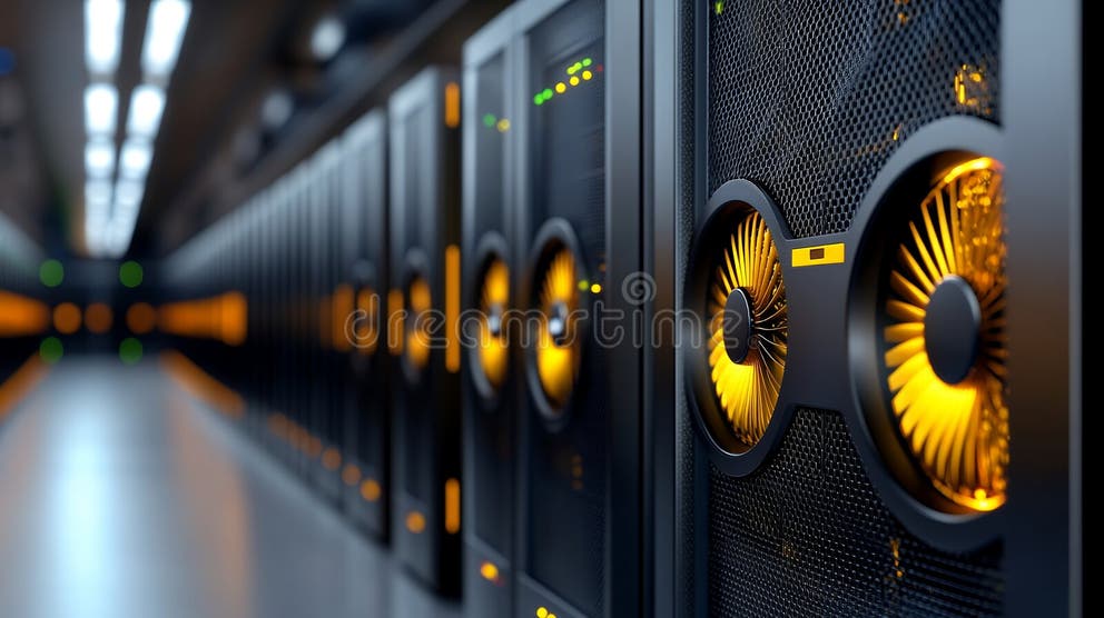 Row of Advanced Server Racks with Glowing Orange Lights in a Modern ...