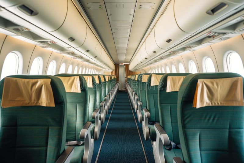 A Row of Airplane Seats with Overhead Compartments Open Stock Photo ...