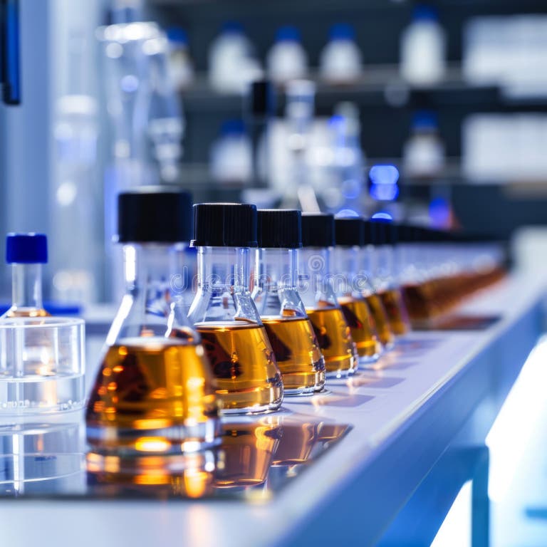 Row of Amber Liquid in Conical Flasks on Lab Table Stock Illustration ...