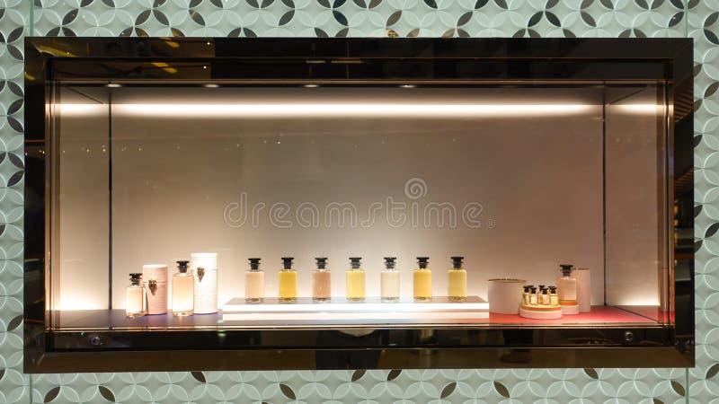 Perfume bottle in showcase stock image. Image of articles - 147997049