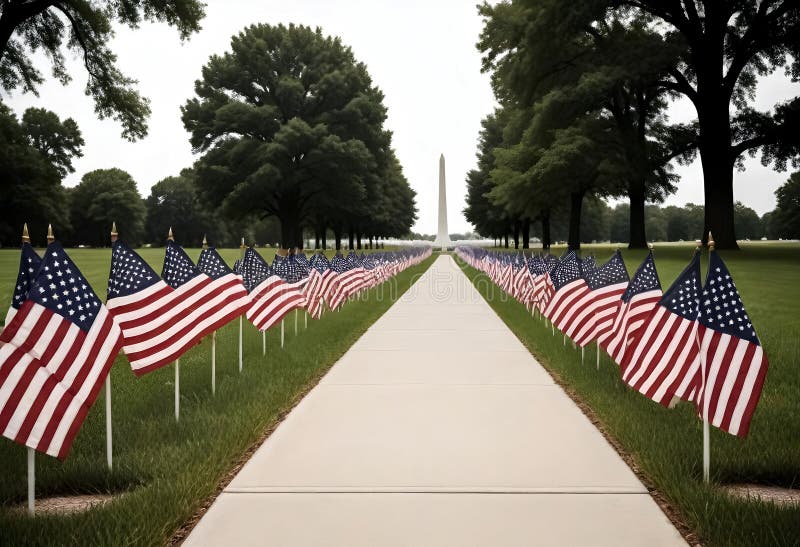 A Row of American Flags Line a Sidewalk in Front of a Cemetery Stock ...