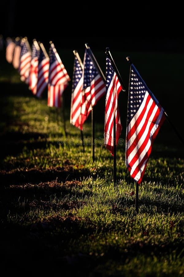 A Row of American Flags Placed on Grass, Suitable for Patriotic Events ...