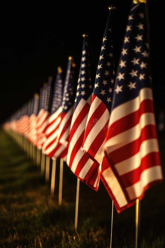 A Row of American Flags Standing Tall in an Open Field Stock Image ...