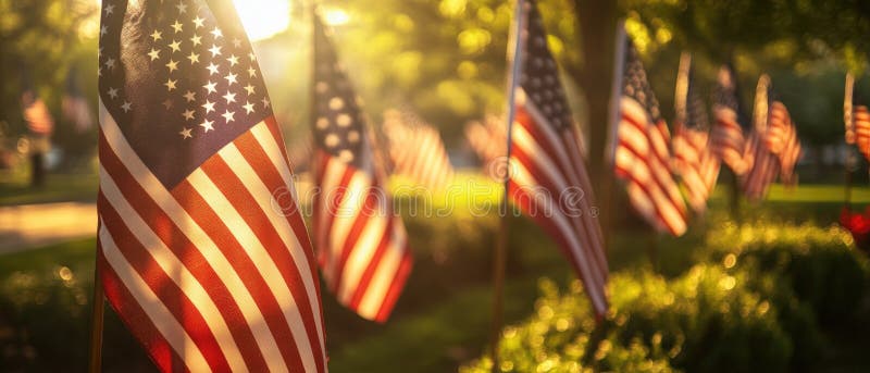 A Row of American Flags Standing Tall in a Park Stock Photo - Image of ...