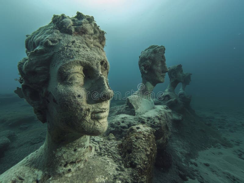 Row of Ancient Statues Submerged Underwater, Creating an Eerie and ...