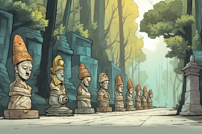 A Row of Ancient Stone Statues Flanking a Dark Forest Avenue Stock ...