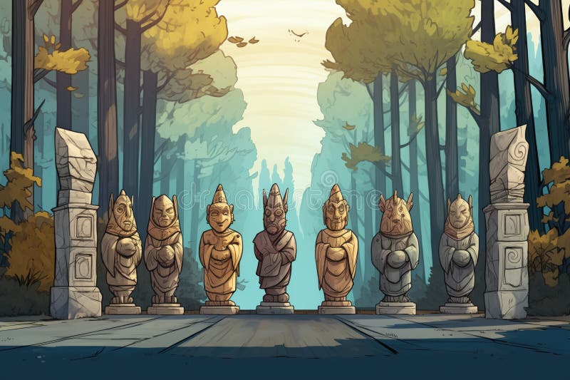 A Row of Ancient Stone Statues Flanking a Dark Forest Avenue Stock ...
