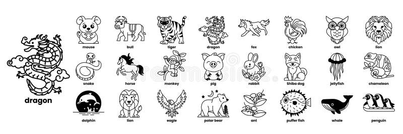 Row of Animals with the Word Animal on the Left in Line Drawing Style ...