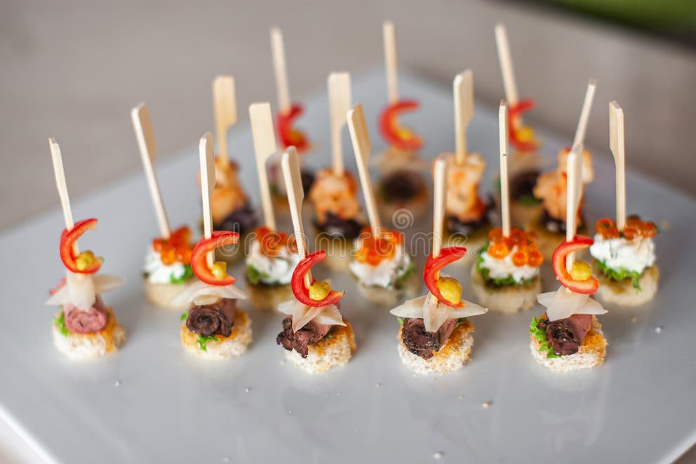Row of Appetizers and Starters on the Wedding Table Stock Photo - Image ...