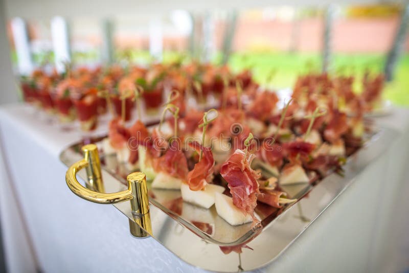 Row of Appetizers and Starters on the Wedding Table Stock Photo - Image ...