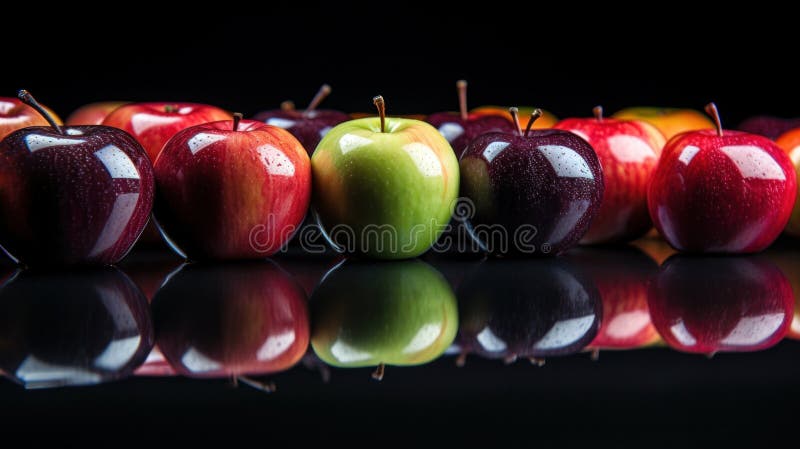 A Row of Apples with Different Colors and Sizes on a Black Background ...