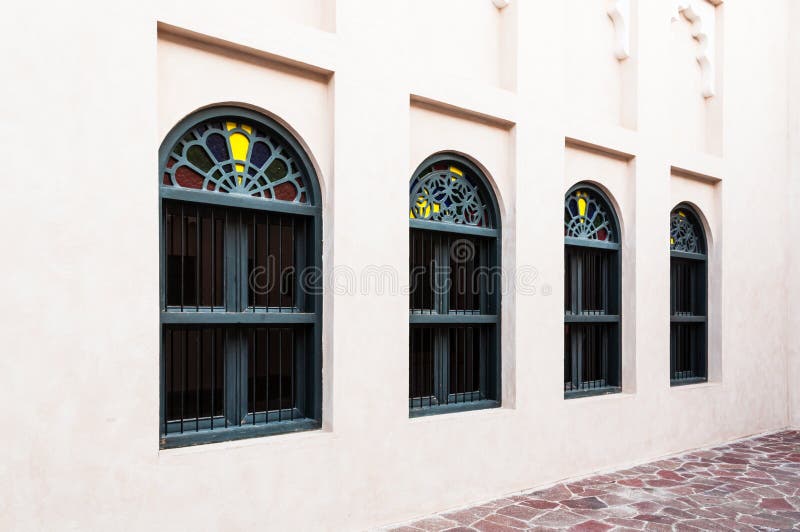 Row of Arabian Artistic Windows in Doha, Qatar Stock Image - Image of ...