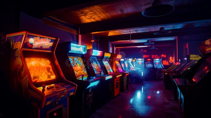 Row of Arcade Machines in Dark Room with Neon Lights on Them ...