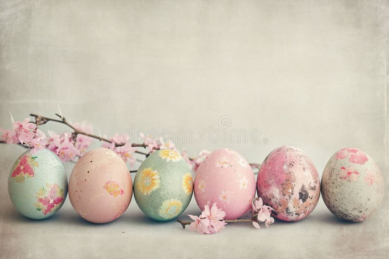 A Row of Artistically Decorated Easter Eggs Against a Vintage Backdrop ...