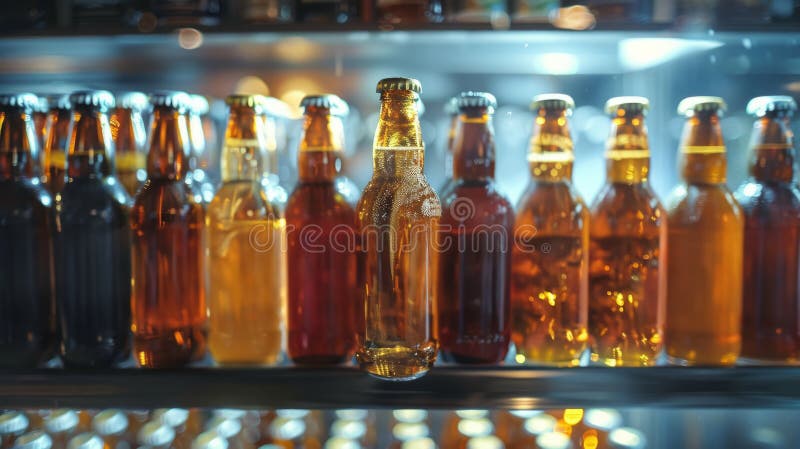 Row of Assorted Beer Bottles on a Shelf. Stock Photo - Image of lager ...