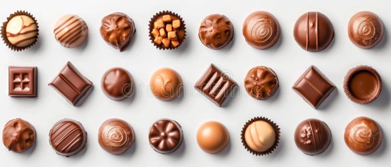 A Row of Assorted Chocolates in Different Shapes and Sizes on White ...