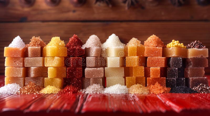 A Row of Assorted Colored Sugar Cubes are Piled on a Red Table Stock ...