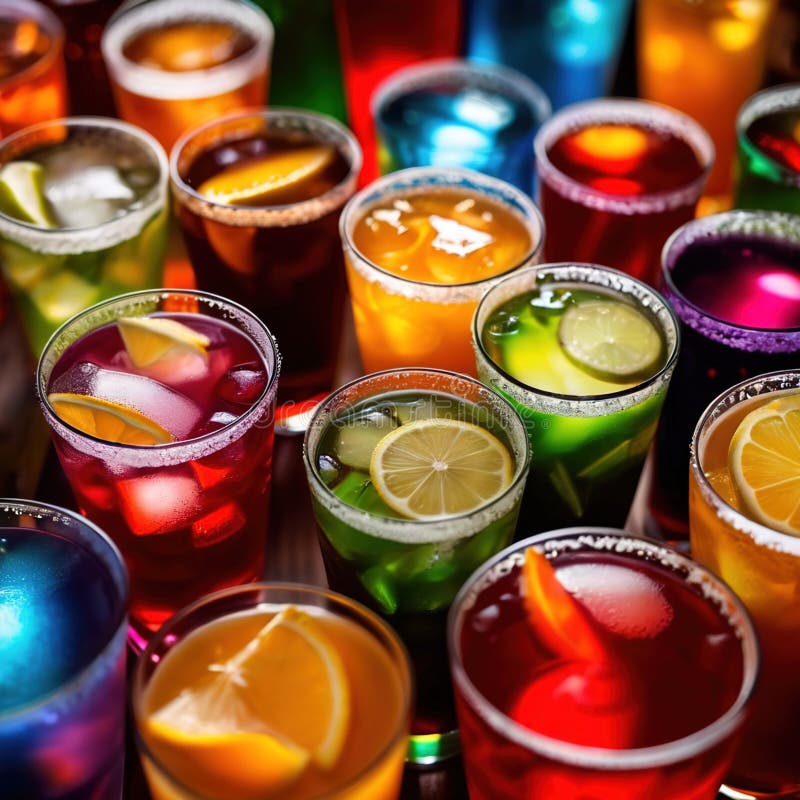 Row of Assorted Colorful Cold Drinks, Summer Party Refreshment at Bar ...