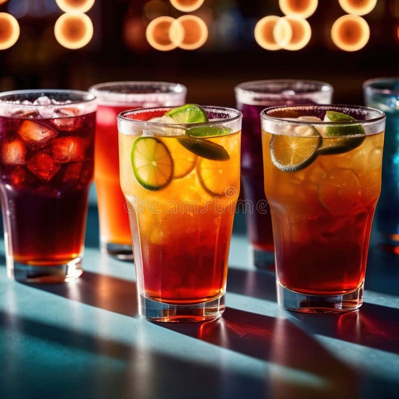 Row of Assorted Colorful Cold Drinks, Summer Party Refreshment at Bar ...