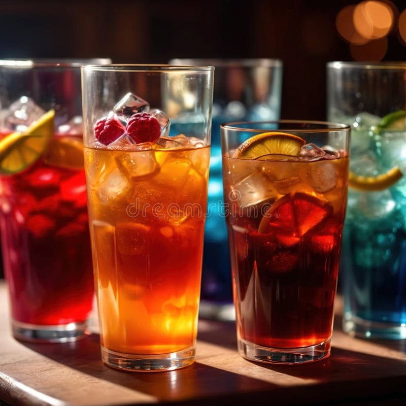 Row of Assorted Colorful Cold Drinks, Summer Party Refreshment at Bar ...