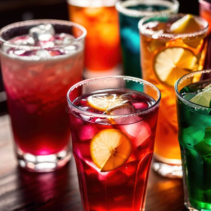 Row of Assorted Colorful Cold Drinks, Summer Party Refreshment at Bar ...