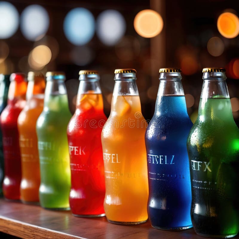 Row of Assorted Colorful Cold Drinks, Summer Party Refreshment at Bar ...