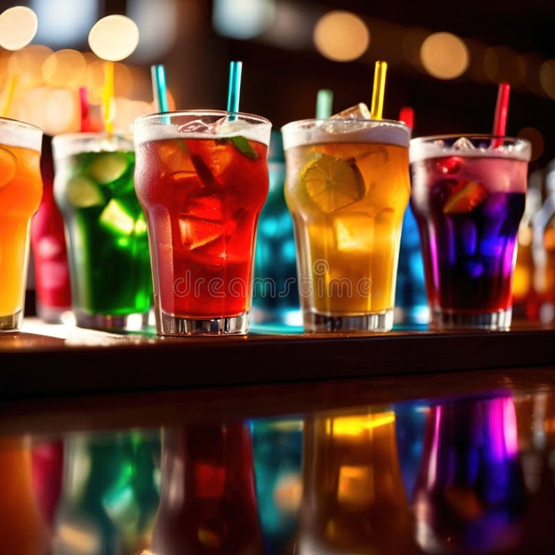 Row of Assorted Colorful Cold Drinks, Summer Party Refreshment at Bar ...