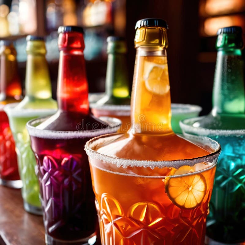 Row of Assorted Colorful Cold Drinks, Summer Party Refreshment at Bar ...