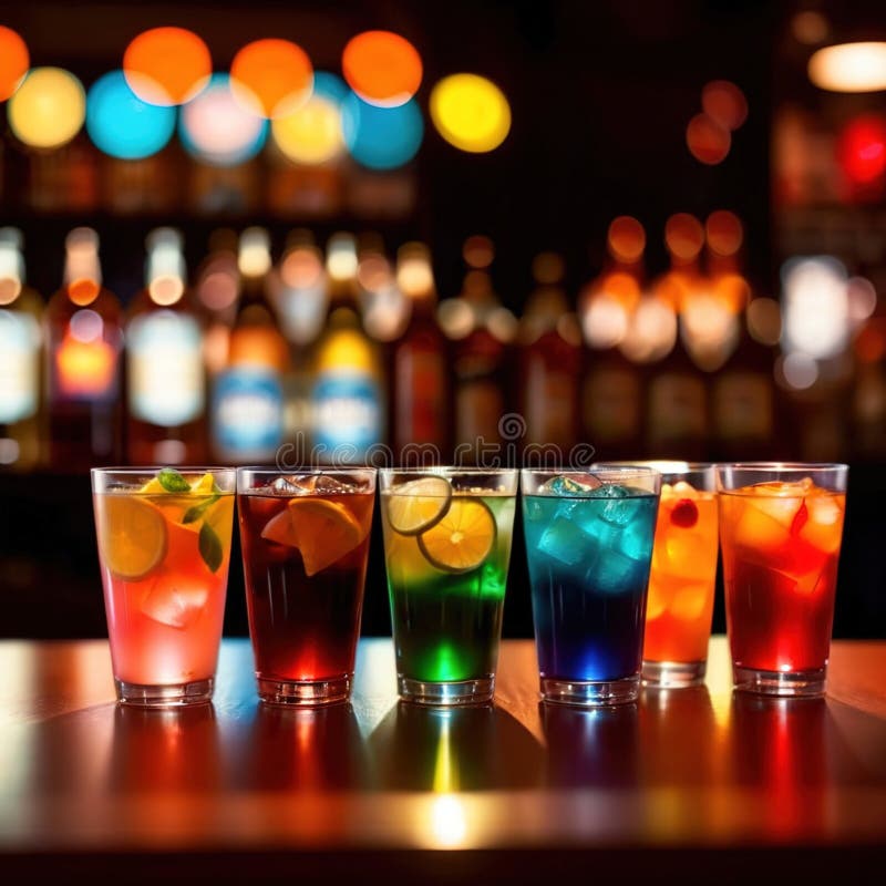 Row of Assorted Colorful Cold Drinks, Summer Party Refreshment at Bar ...