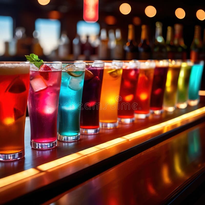 Row of Assorted Colorful Cold Drinks, Summer Party Refreshment at Bar ...