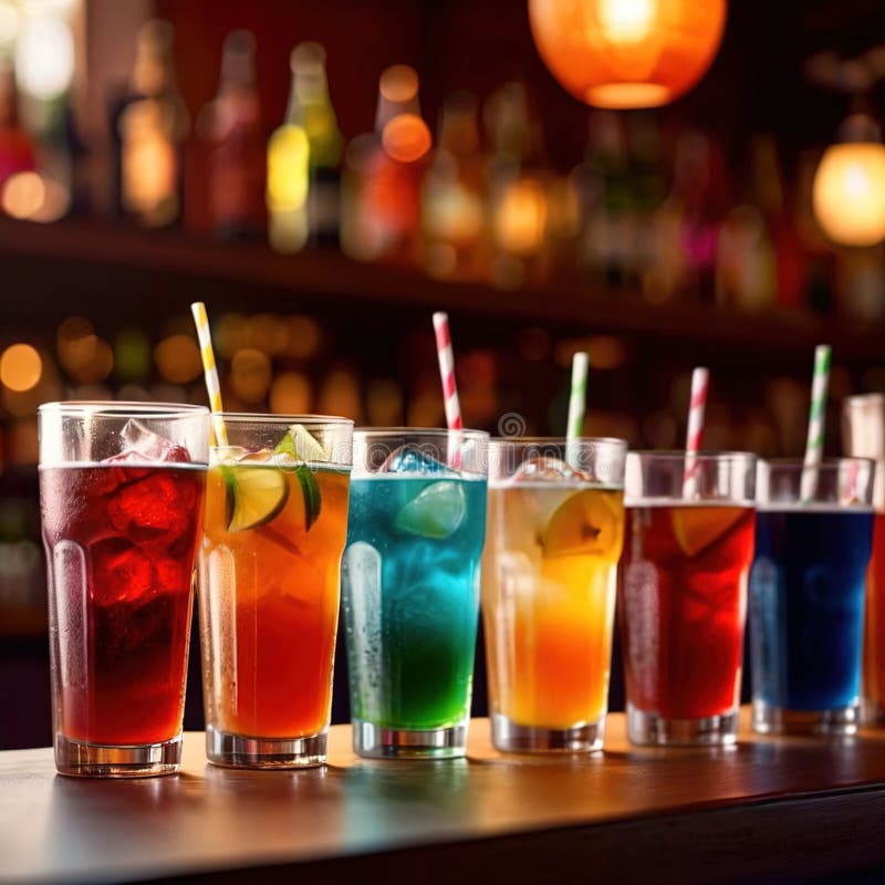 Row of Assorted Colorful Cold Drinks, Summer Party Refreshment at Bar ...