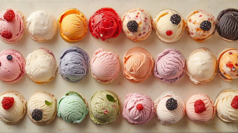 Row of Assorted Ice Cream Scoops in Various Flavors. Stock Photo ...