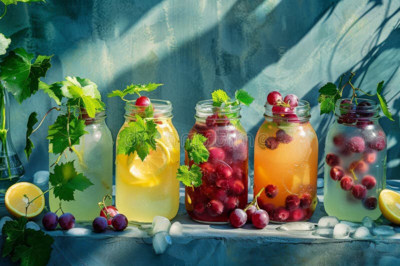 A Row of Assorted Jars Containing Various Beverages Stock Image - Image ...