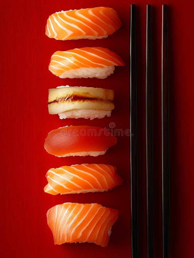 A Row of Assorted Nigiri with Chopsticks on a Red Surface Creating a ...