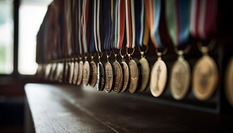 A Row of Awards on a Wooden Table, Symbolizing Success Generated by AI ...