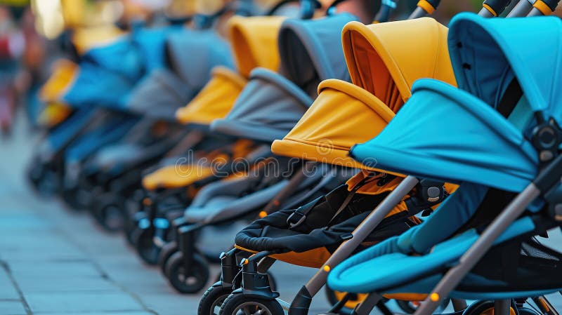 Baby Strollers Lined Up on Pavement on Street Stock Image - Image of ...